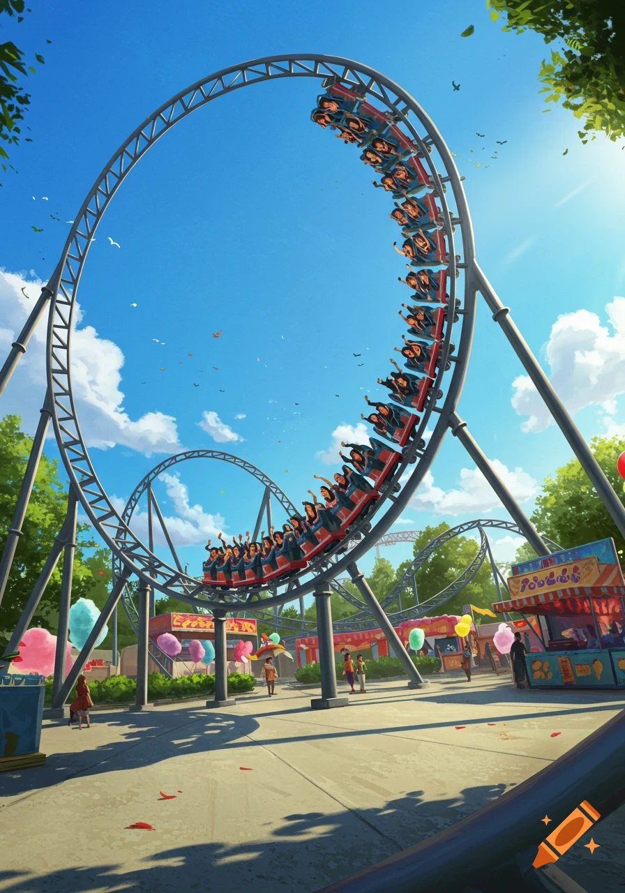 A vibrant illustration of a rollercoaster looping over an amusement park with people riding it ...