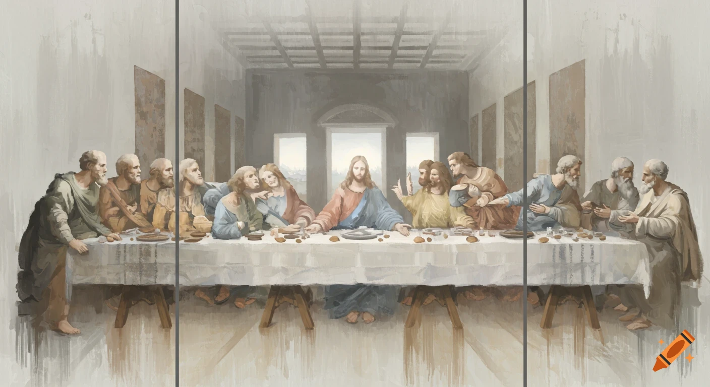 A modern watercolor reinterpretation of The Last Supper showing Jesus ...