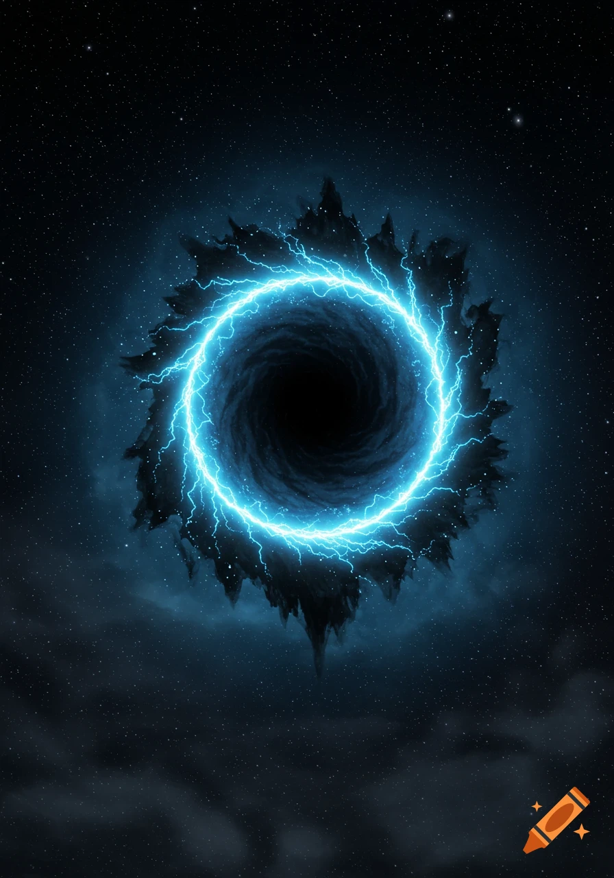 A dark, swirling black portal with bright blue lightning surrounded by ...