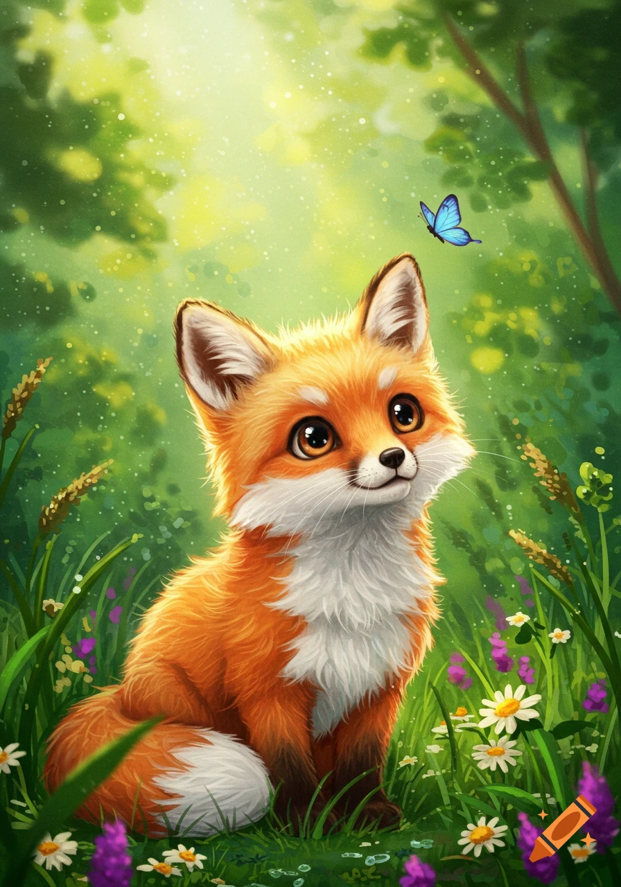 A cute, vibrant green fox with large eyes and a white chest, covered in ...