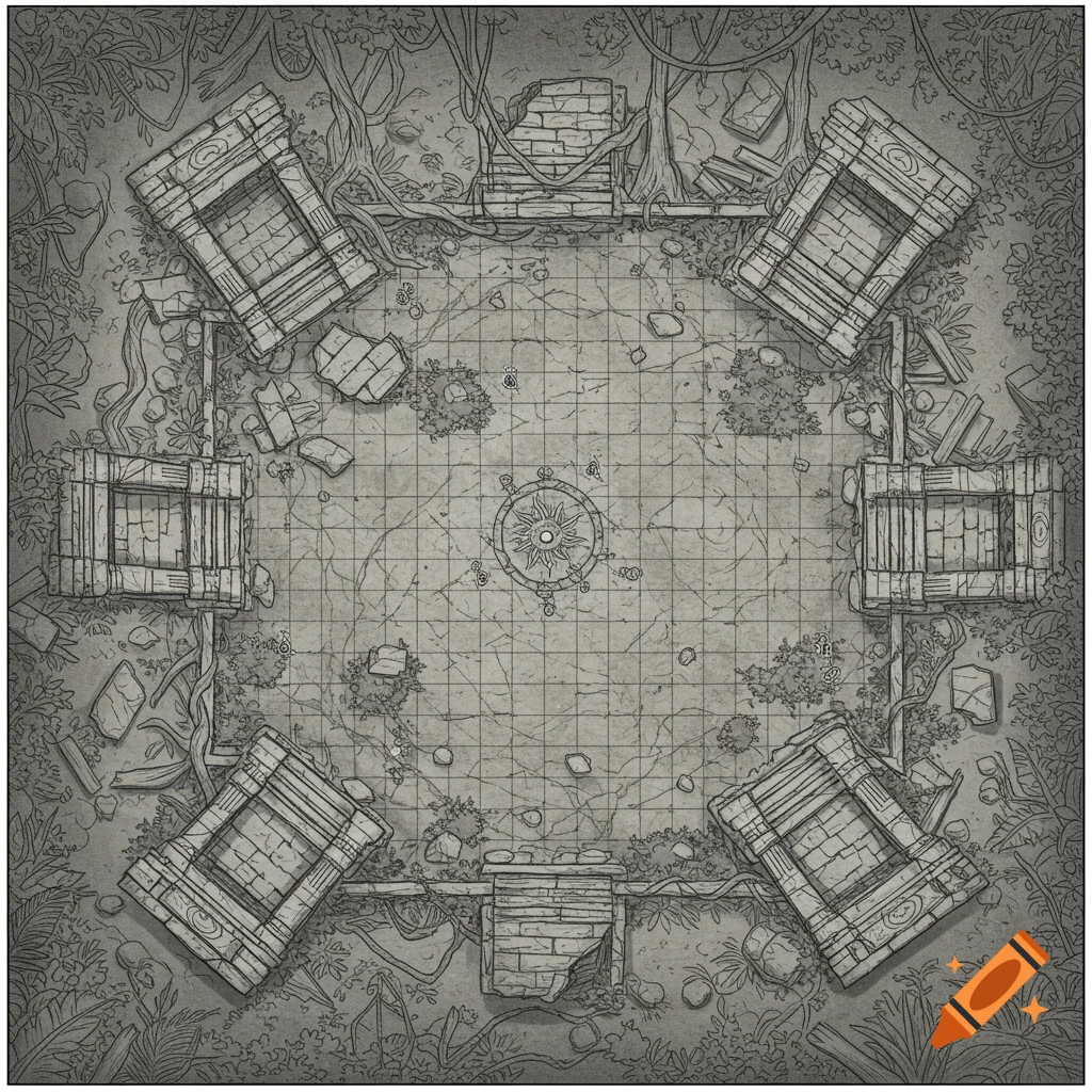 Overhead view of an ancient jungle temple ruins battle map with broken ...