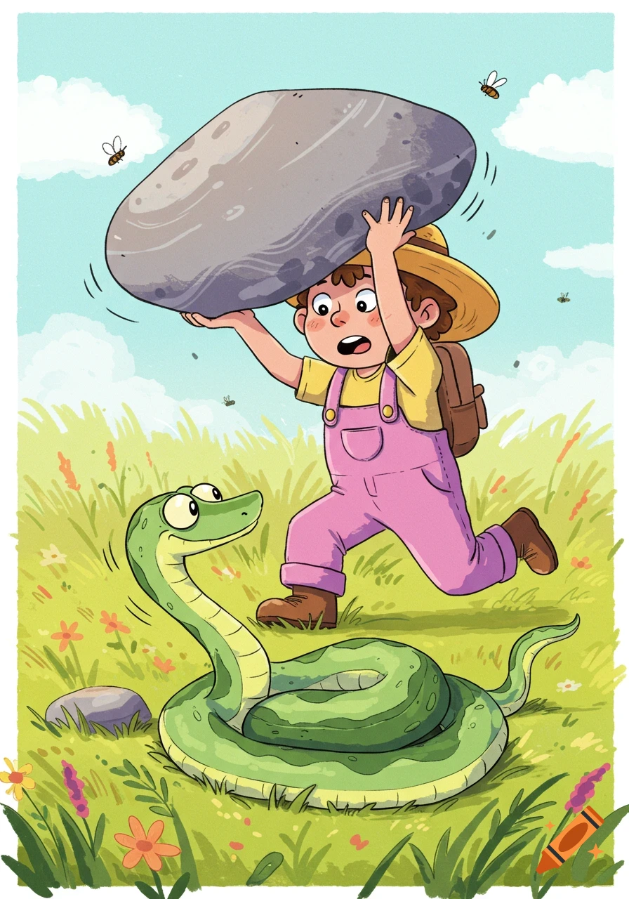 Cartoon child in overalls and a hat lifts a large rock over a surprised ...