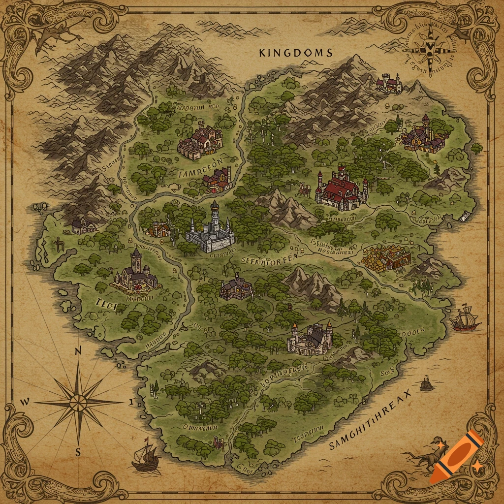 A stylized, top-down fantasy map on aged paper, showing mountains ...