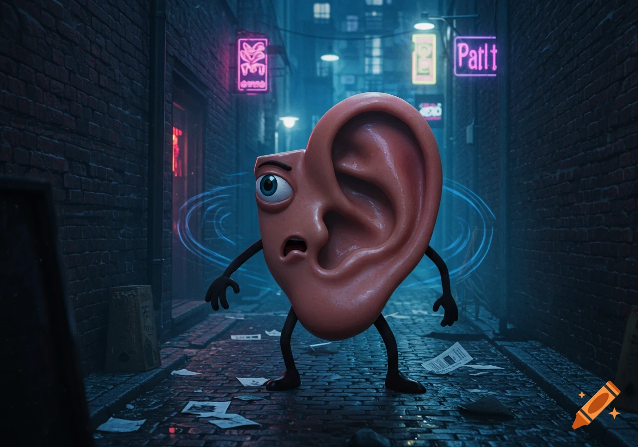 A scared anthropomorphic ear character with arms and legs stands in a ...