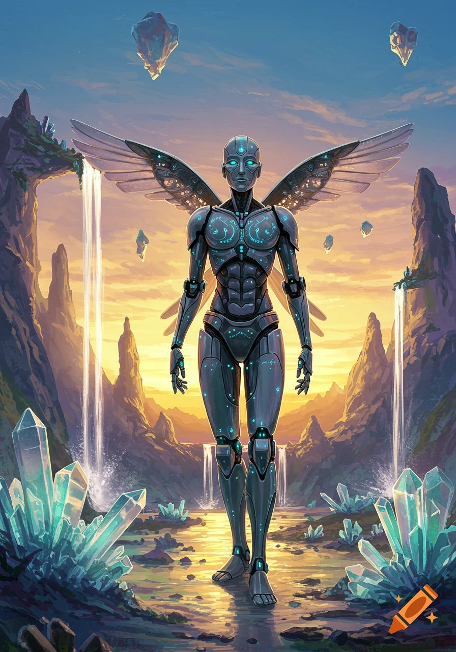 Shimmering black and white abstract glass sculpture of an angel with ...