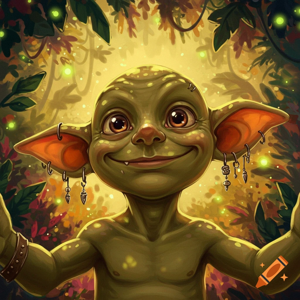 A smiling, green cartoon goblin with large ears and multiple piercings ...