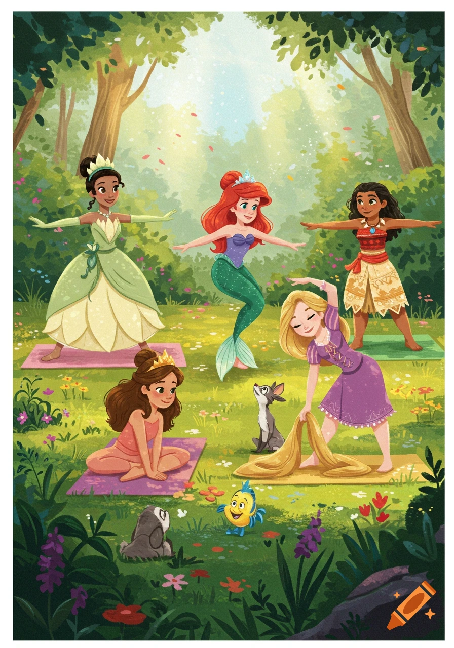 Cartoon illustration of five Disney princesses and their animal friends ...