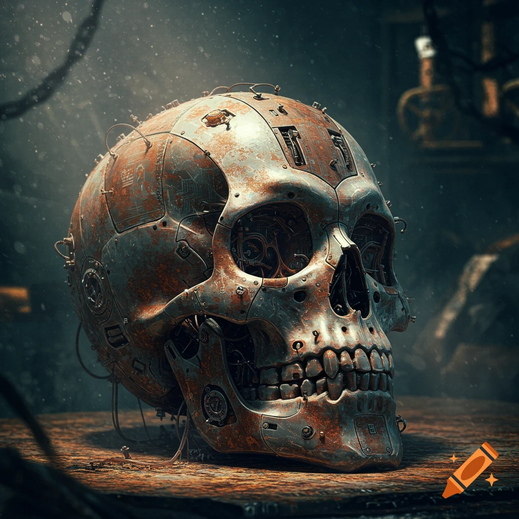 A rusty, decaying robotic skull made of metal plates and wires, in a ...