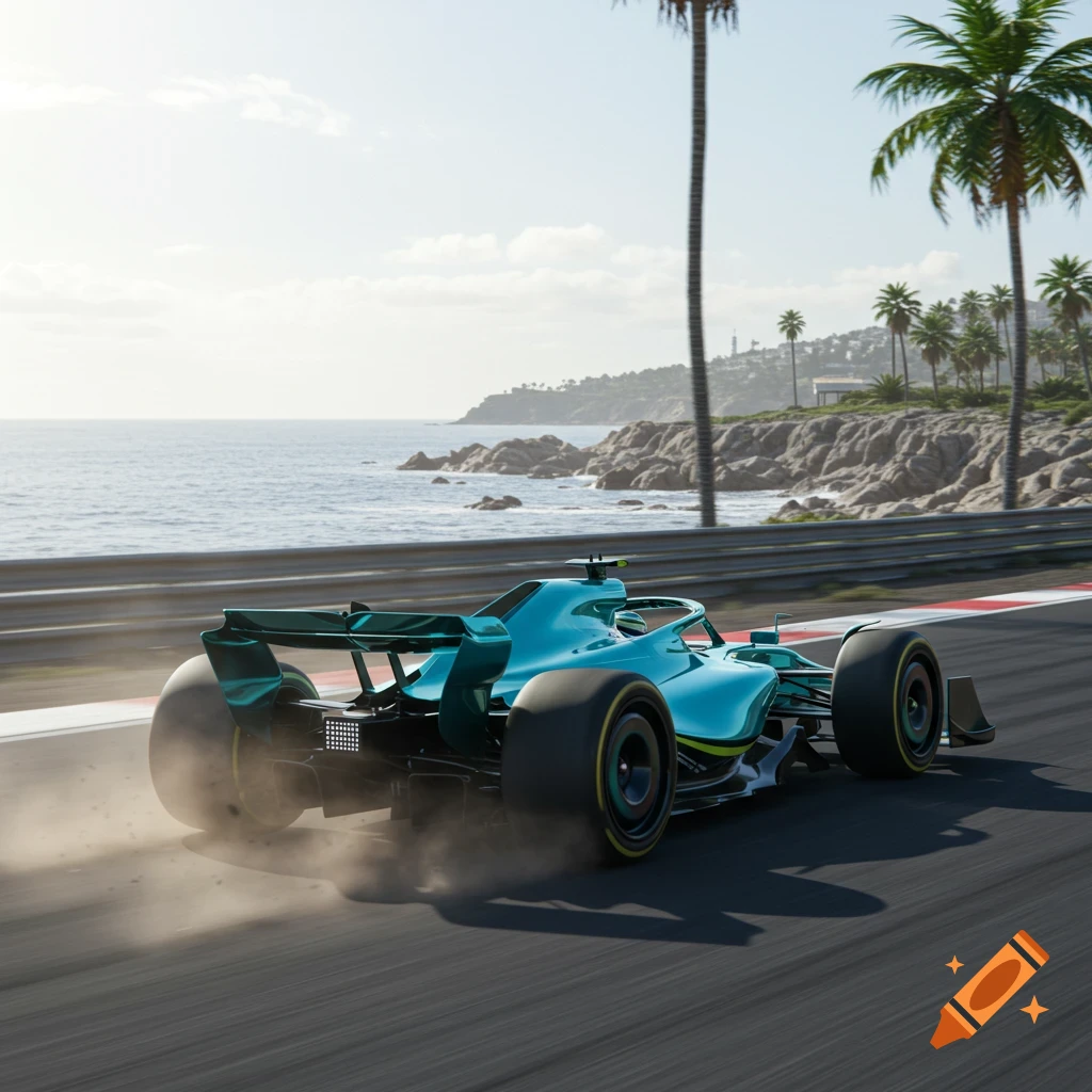 A turquoise Formula 1 car kicks up dust on a coastal race track with ...