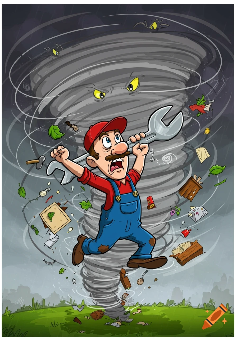 A cartoon man resembling Mario holding a wrench, running in a panic as ...