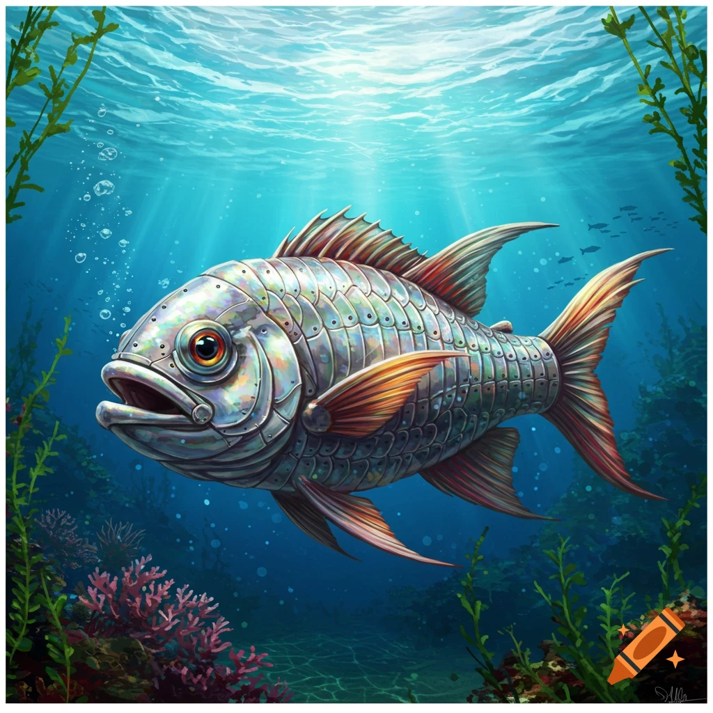 A metallic, robotic-looking fish with orange fins swims underwater ...