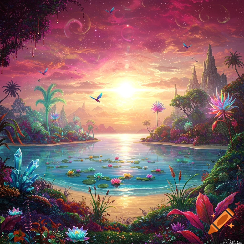 Four ornate windows display colorful fantasy scenes: a lavender field ...