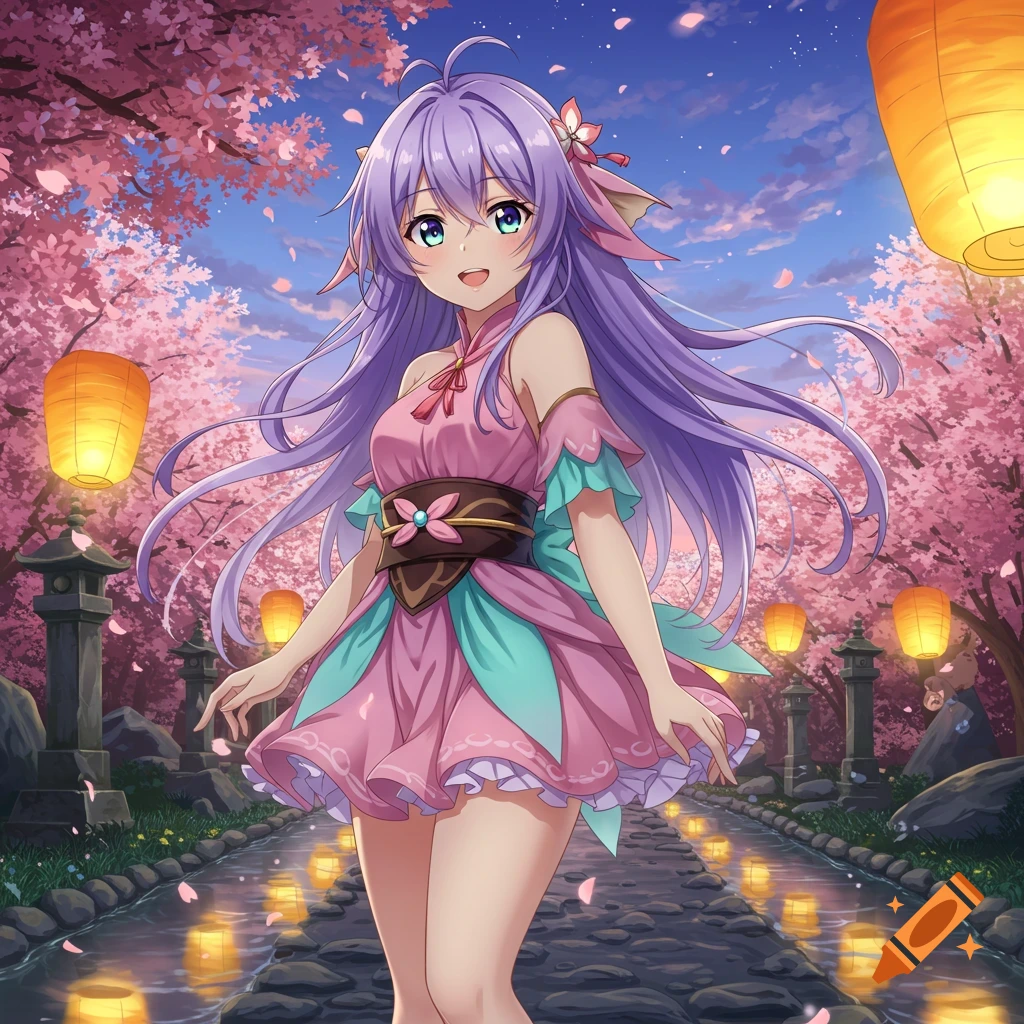 Anime warrior with white hair and purple armor stands among falling ...