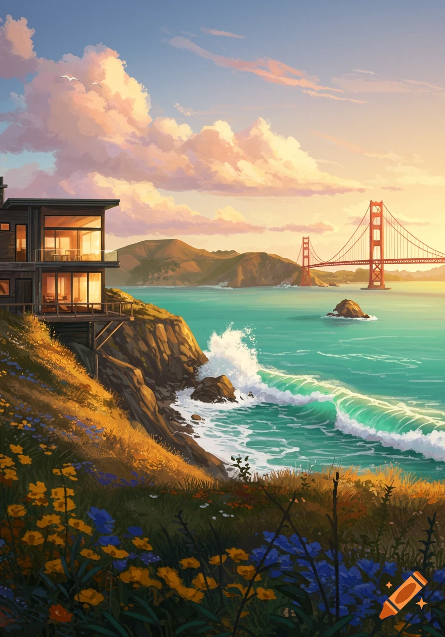 Illustrative painting of a modern house on a cliff overlooking a ...