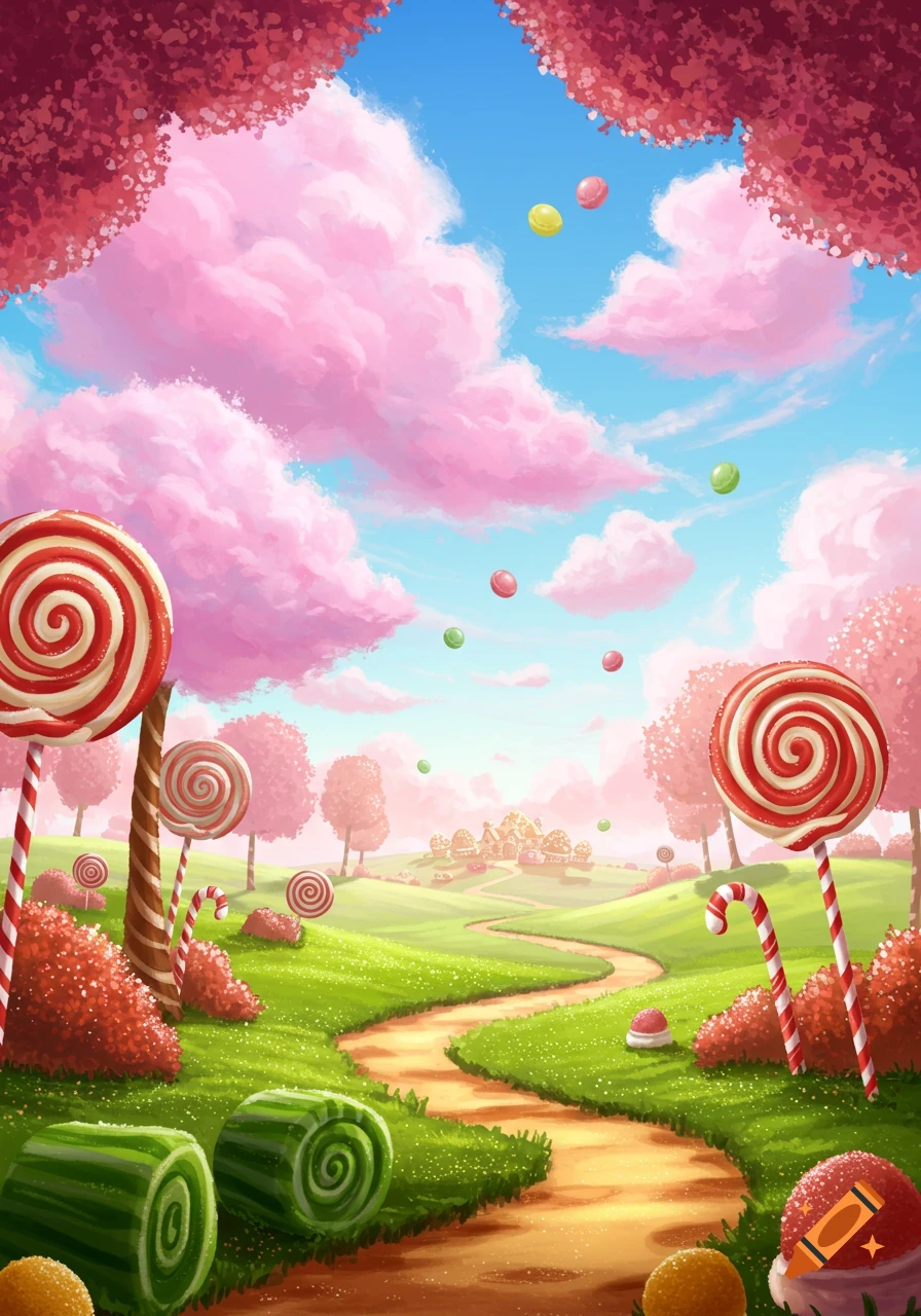 A vibrant fantasy candy land landscape with a winding path through ...