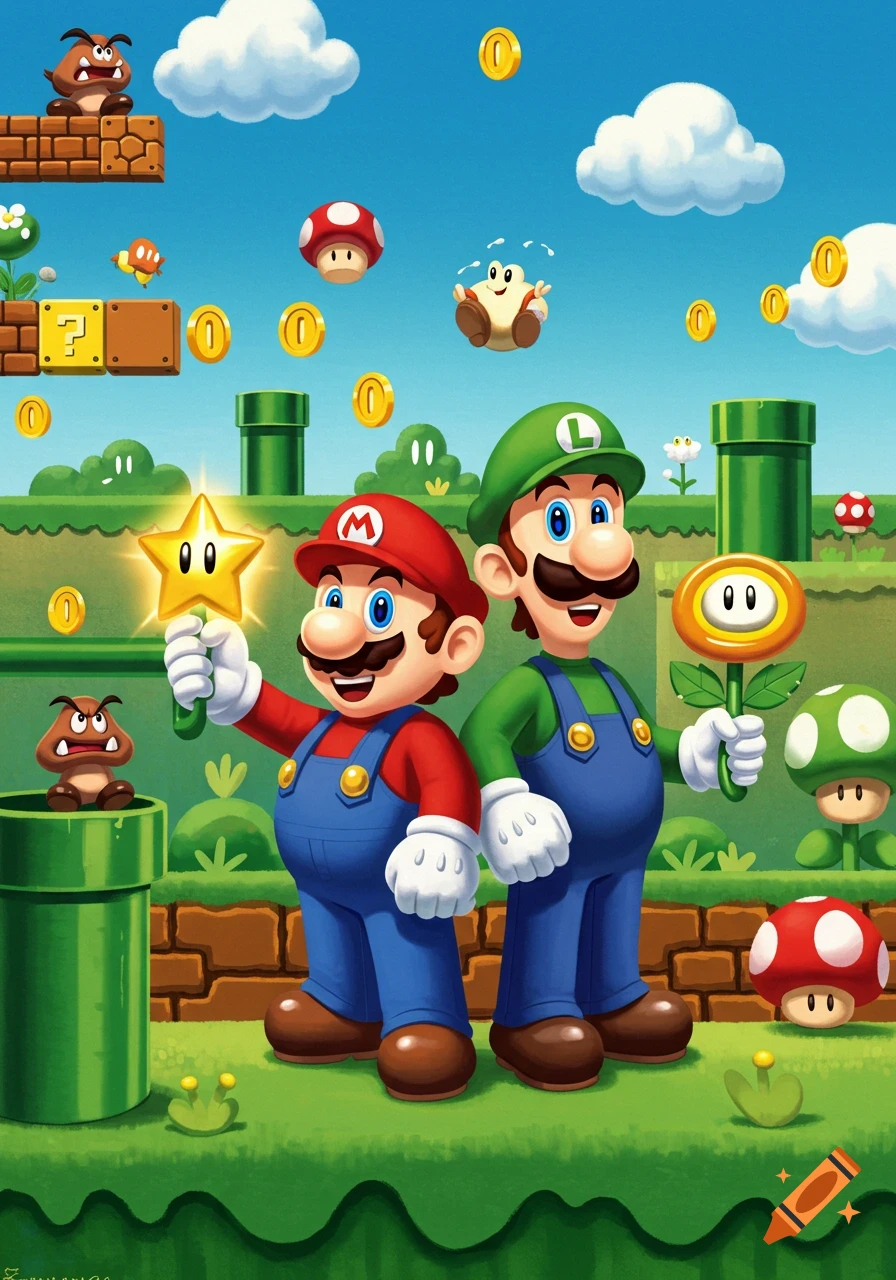 Mario and Luigi stand with power-ups in a colorful Super Mario Bros ...