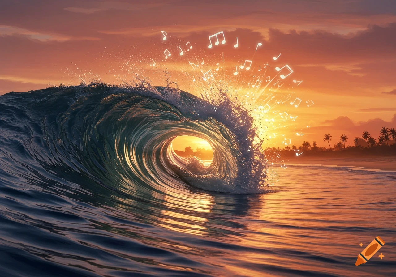 A large ocean wave about to crash at sunset, with glowing white music ...