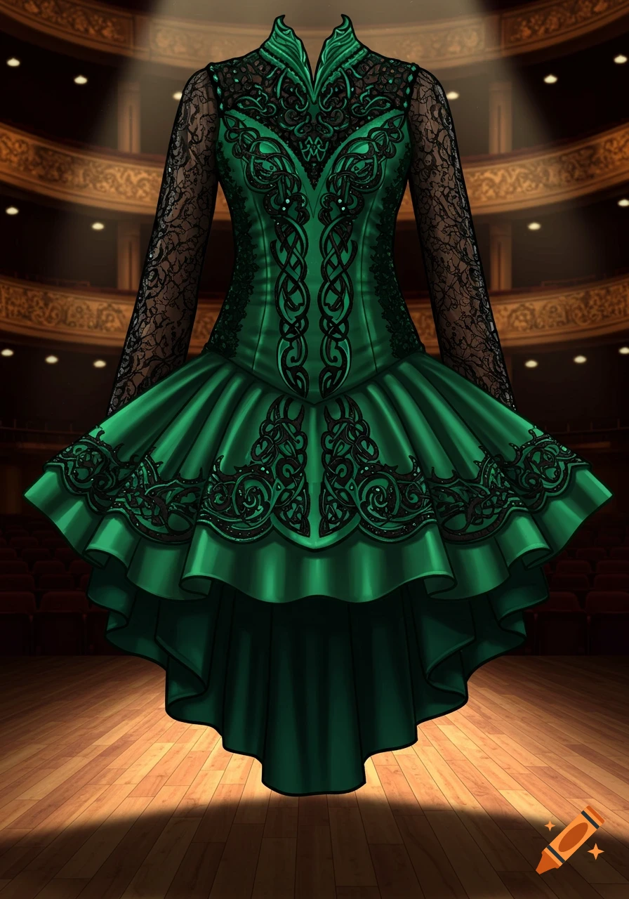 Emerald green and black gothic Irish dance dress with lace sleeves and ...