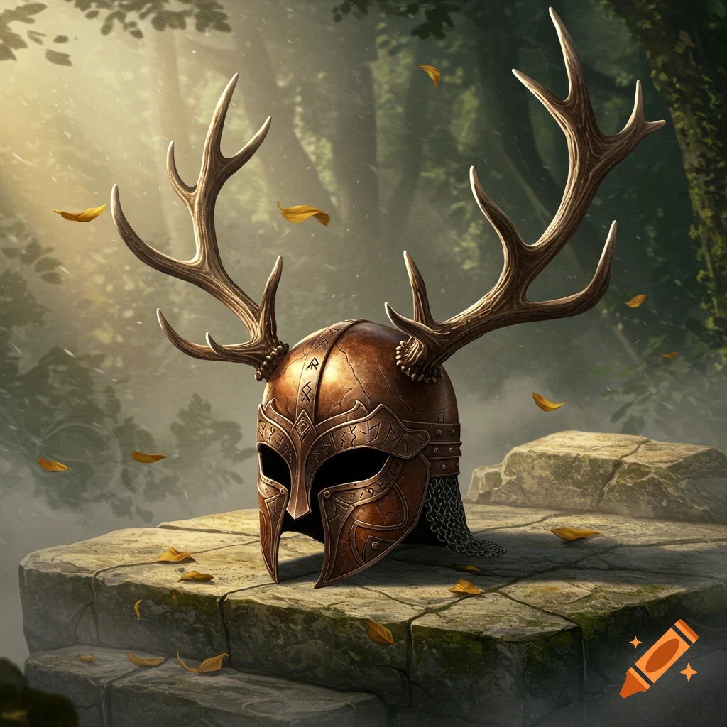 An ornate bronze helmet with large antlers rests on mossy stone blocks ...
