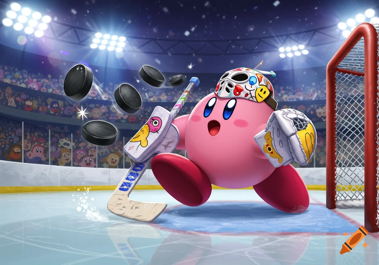 Mickey Mouse, Donald Duck, and Goofy playing hockey on ice in an arena ...