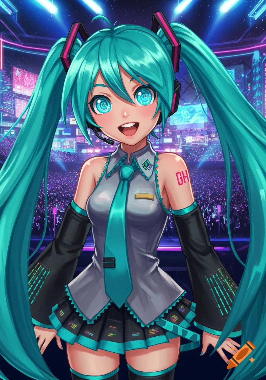 Anime character Hatsune Miku in a red cap, black sports bra, and baggy ...