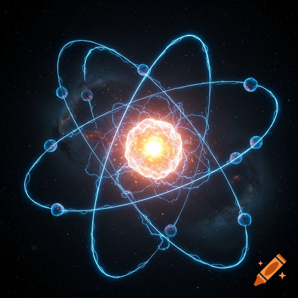 A stylized atomic model with a bright orange glowing core surrounded by ...