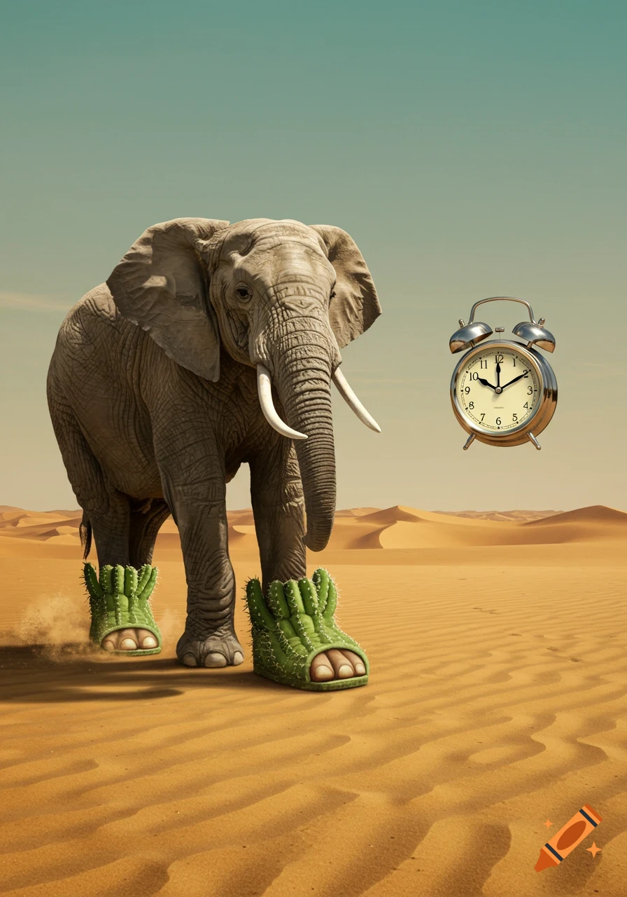 An elephant wearing green cactus open-toed shoes walks through a sandy ...