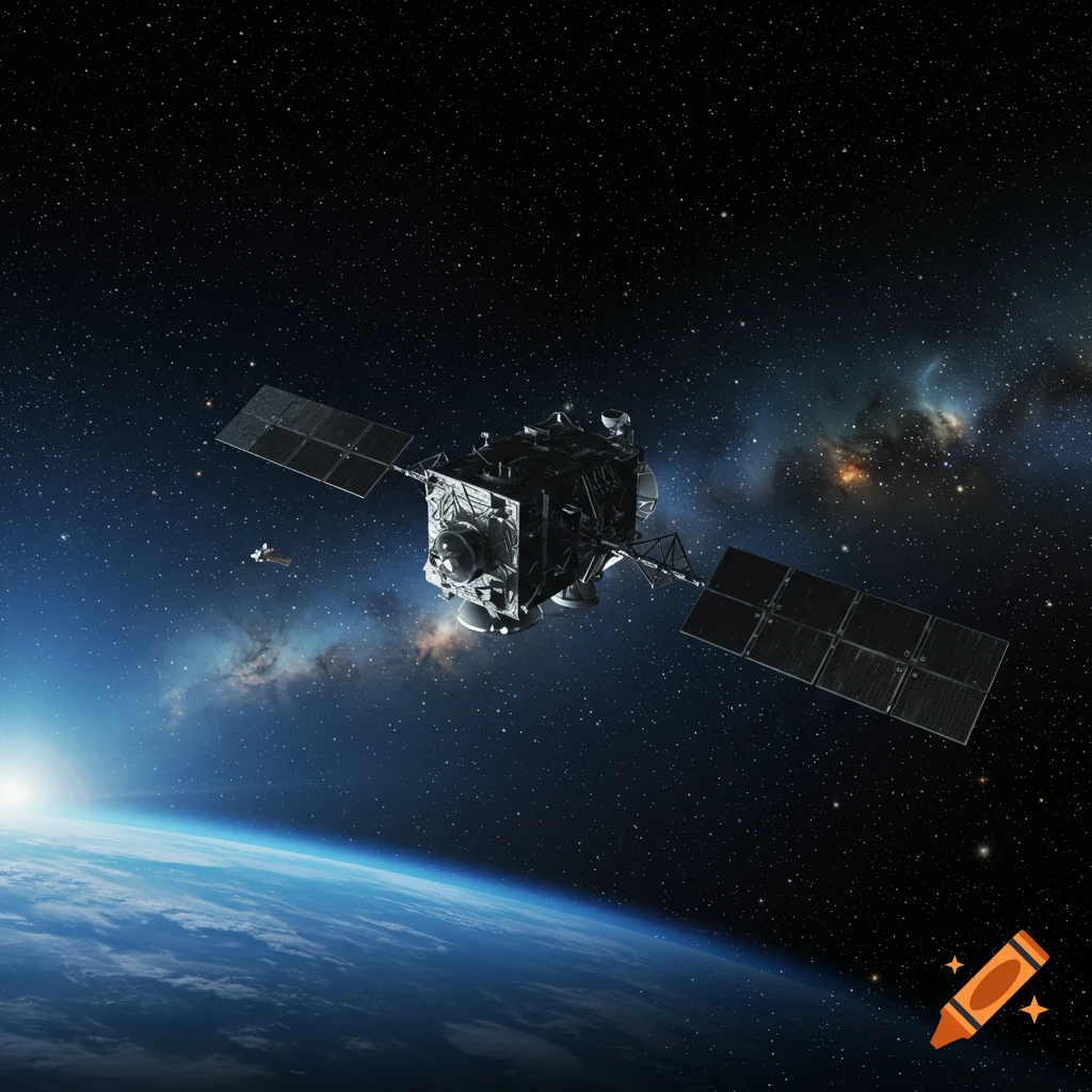 A large satellite with expansive solar panels orbits Earth, illuminated ...