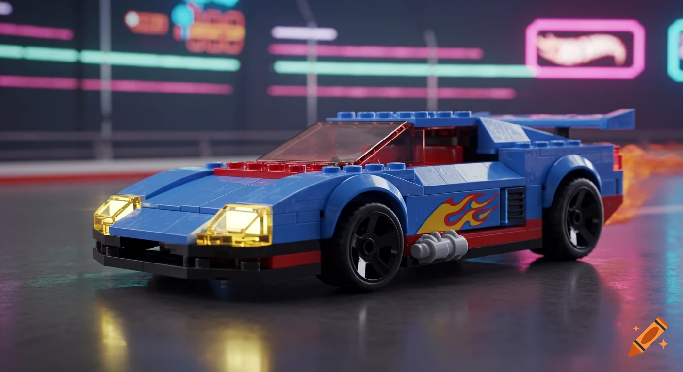 Photorealistic blue LEGO Hot Wheels Spectyte car with flame decals and ...