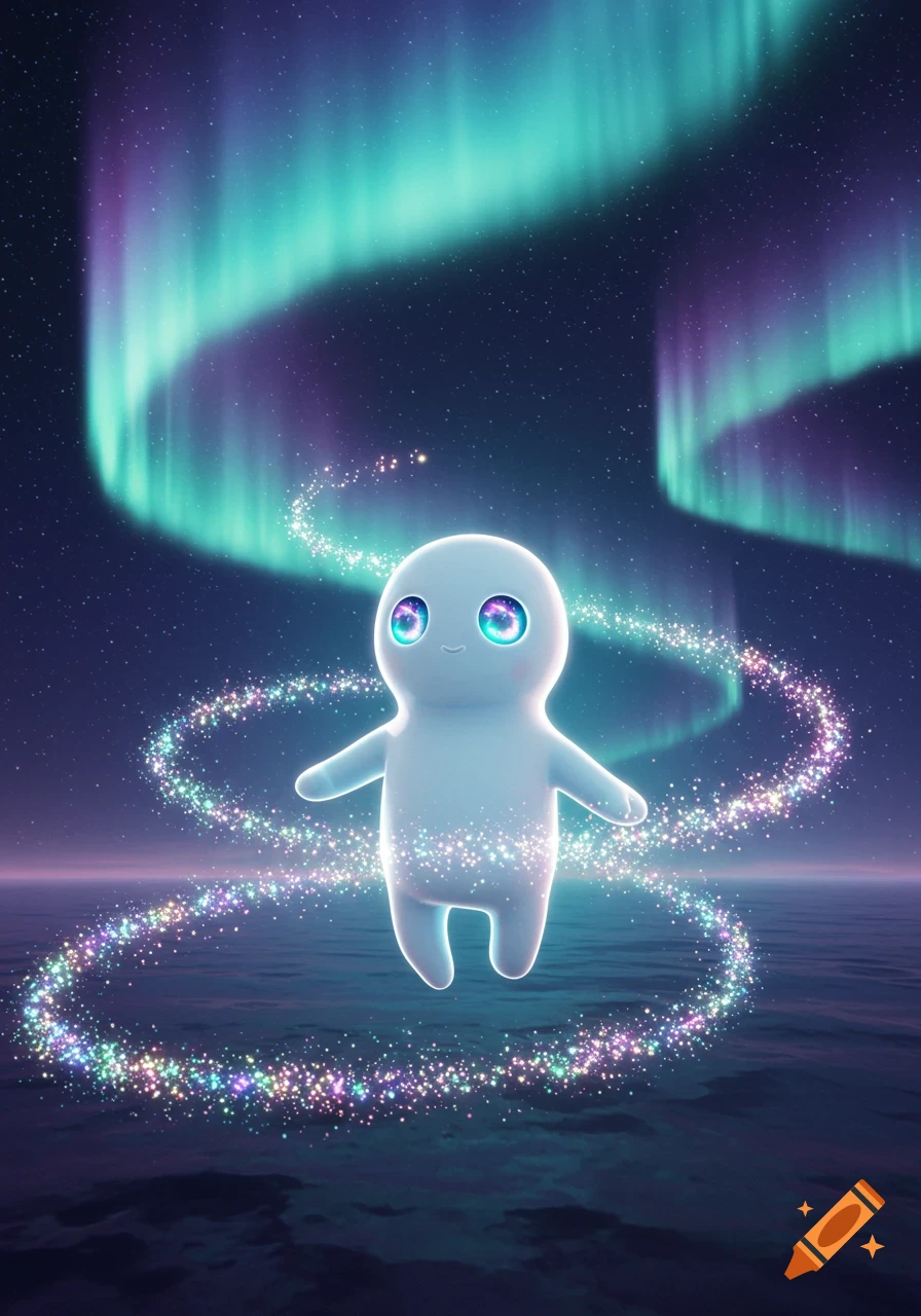 A cute, light-blue, blob-like creature with large sparkly eyes floats ...