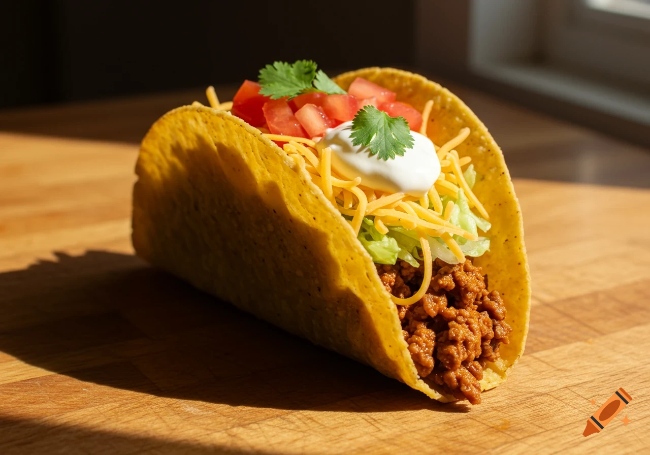 A painted image of a hard shell taco filled with meat, lettuce, cheese ...