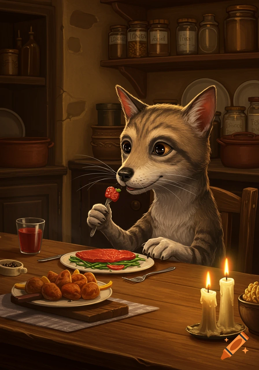 A huge, angry grey tabby cat with glowing red eyes sits amidst a messy ...