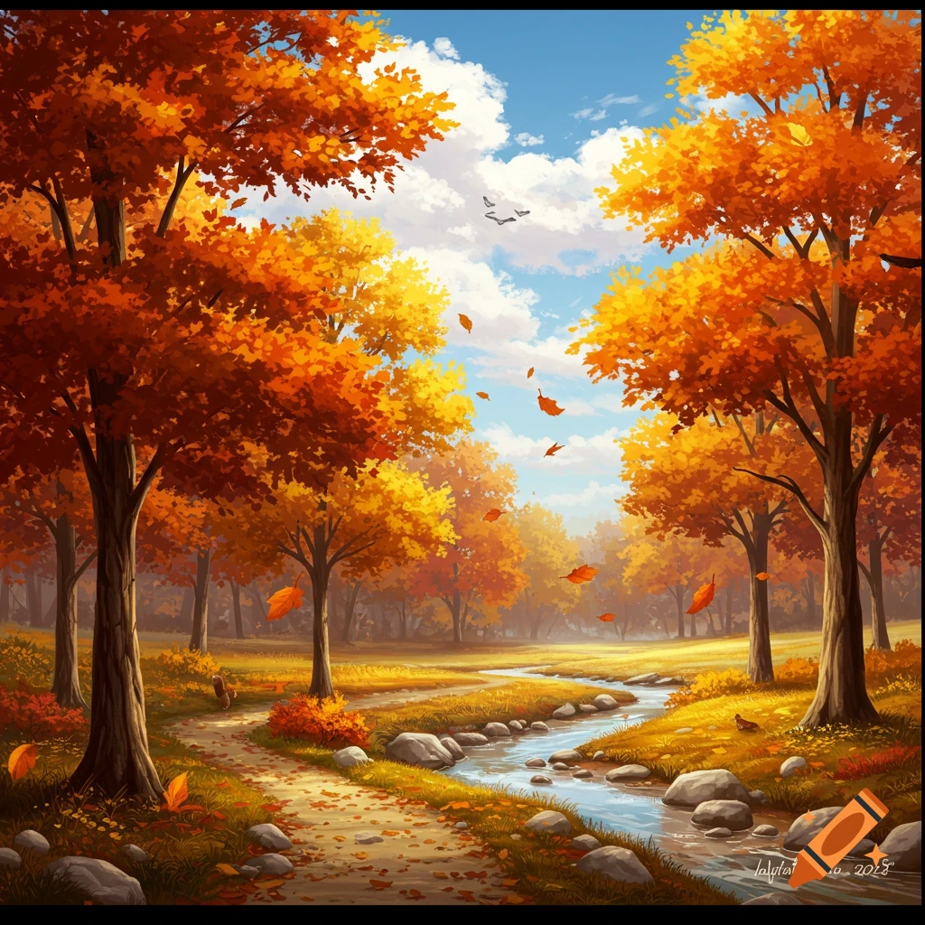 A vibrant autumn forest path winds alongside a rocky stream, under a ...