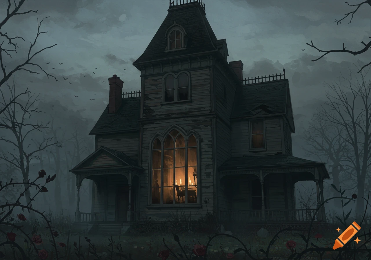 An eerie, dark Victorian house with glowing windows at dusk, surrounded ...