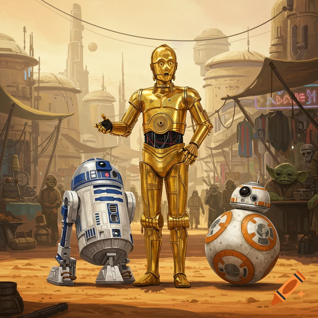 C-3PO, R2-D2, and BB-8 stand in a bustling desert marketplace filled ...