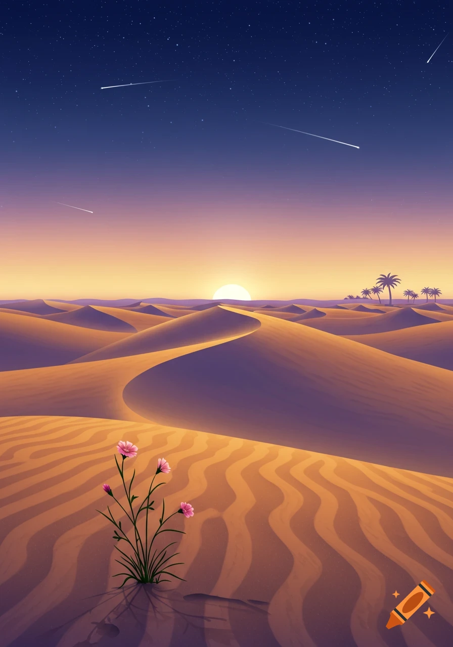 Stylized illustration of a desert landscape with sand dunes, a single ...