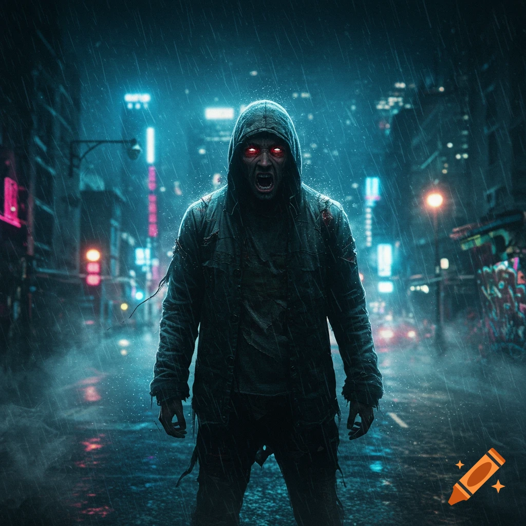 A hooded figure leads a group of men with glowing red eyes and pistols ...