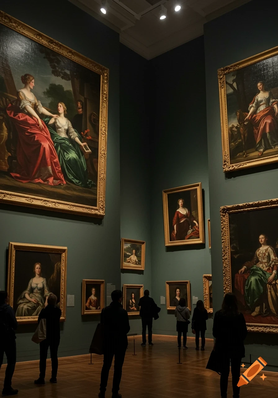 People view classic portraits and historical paintings in a dimly lit ...