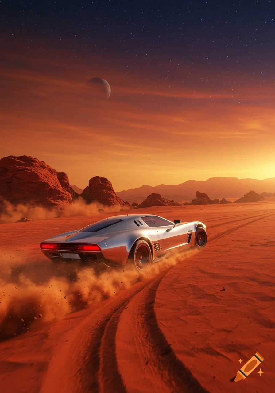 A sleek silver futuristic car speeds across a red, rocky Martian desert ...