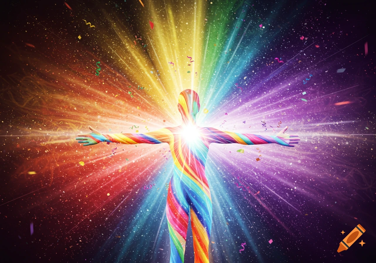 A rainbow-colored figure with outstretched arms, glowing brightly ...