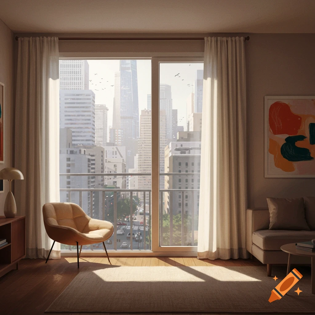 A bright, modern apartment living room with a large window overlooking ...