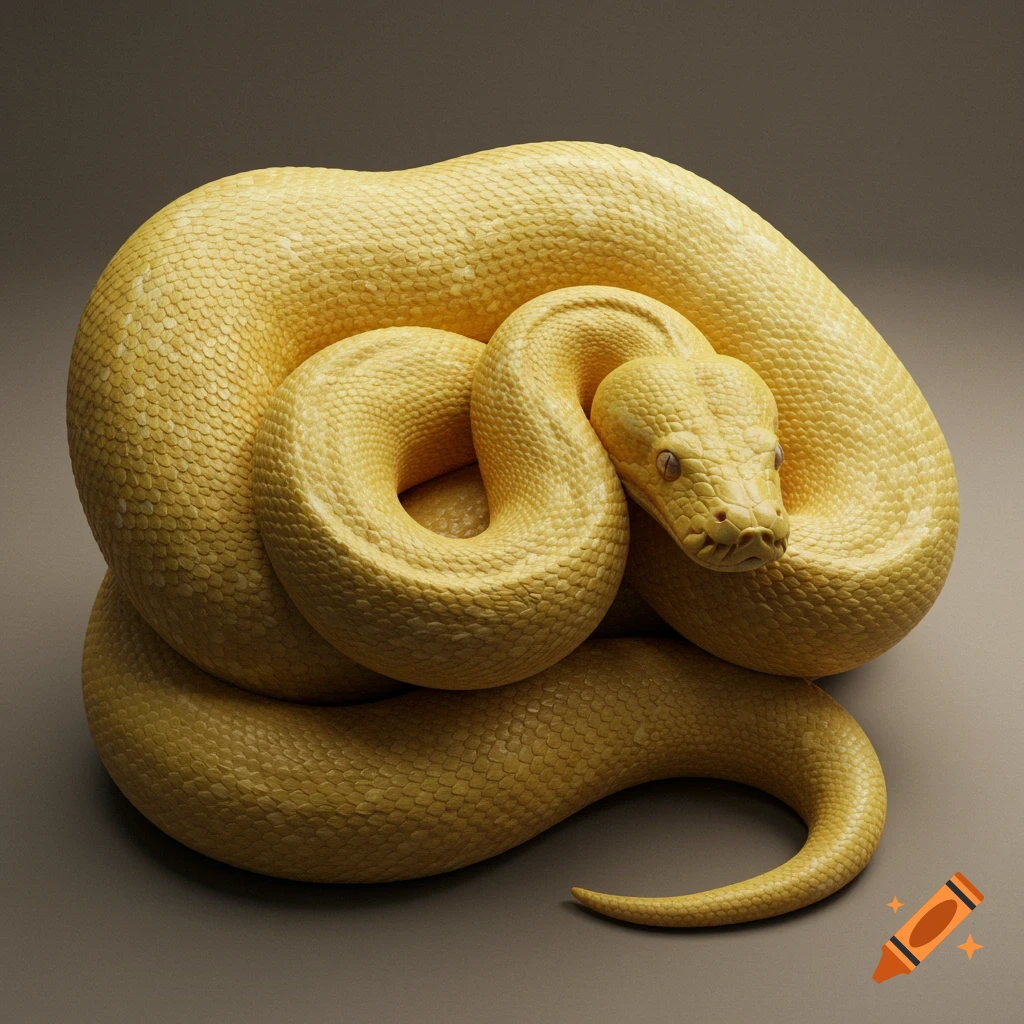 A realistic, full-body image of a coiled yellow Burmese python on a ...