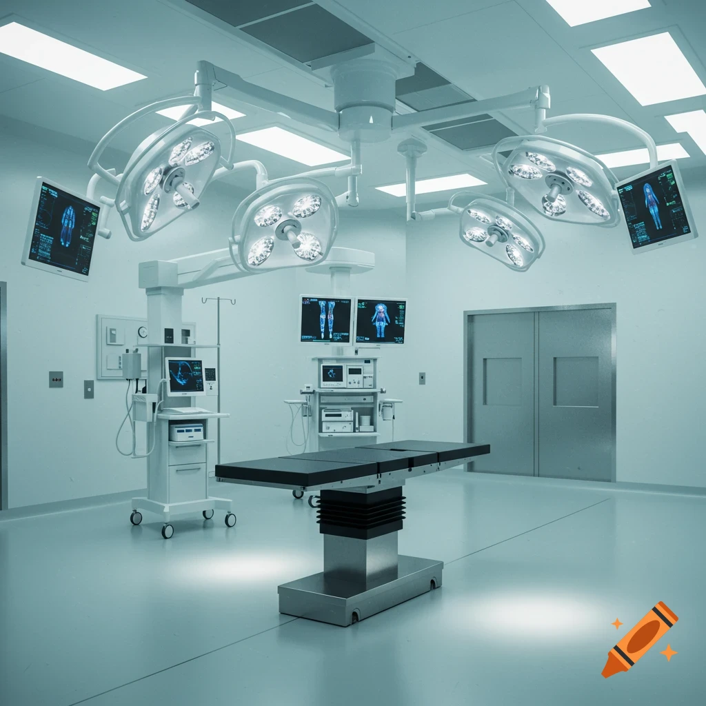 A clean, modern operating room with a surgical table, overhead lights ...