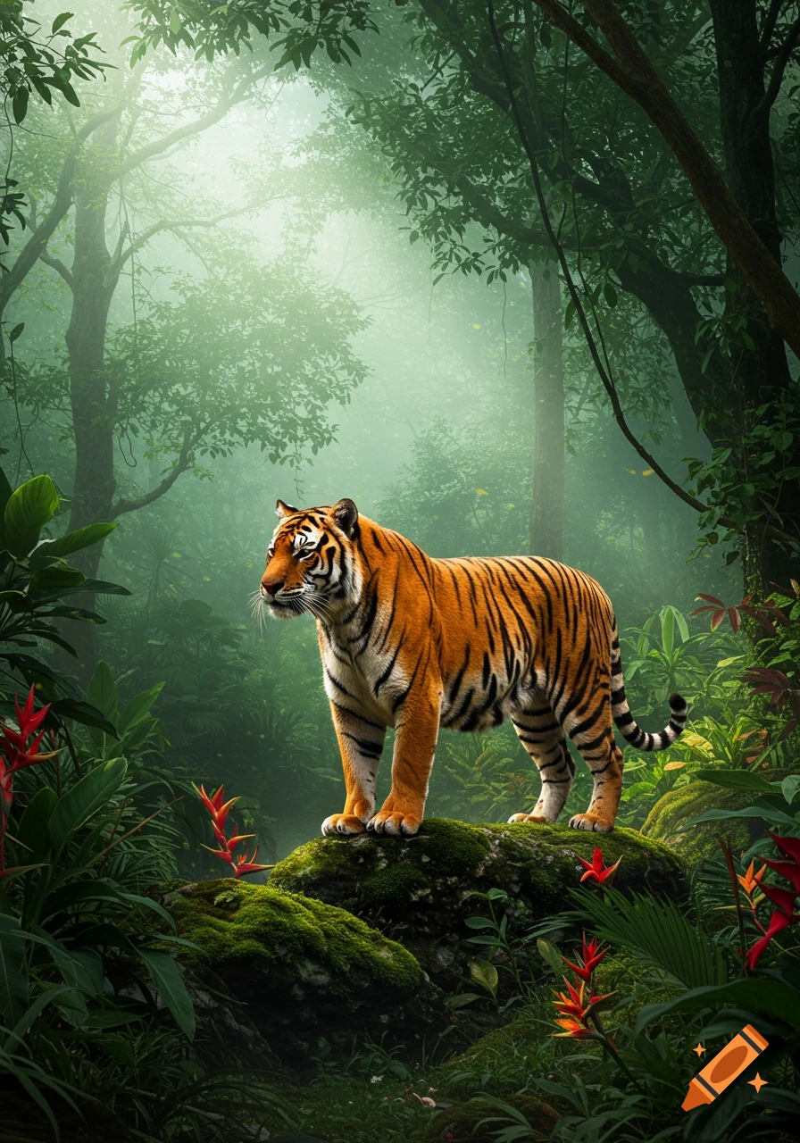 A majestic tiger stands on a moss-covered rock in a vibrant, misty ...