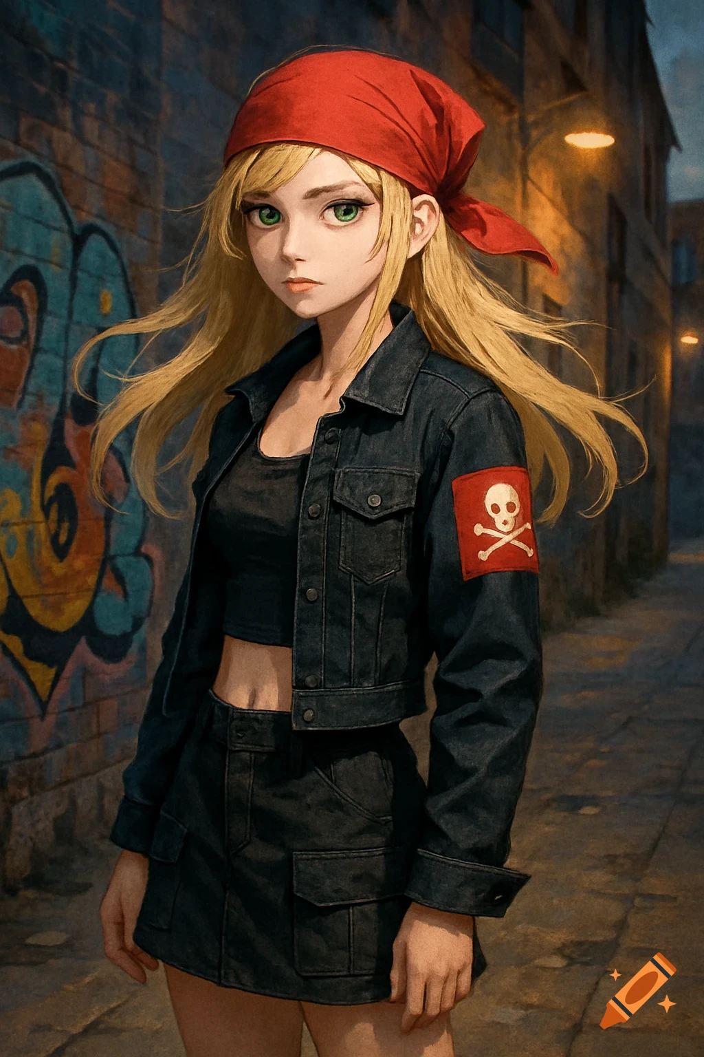 Anime girl with blonde hair, green eyes, red bandana, black crop top ...