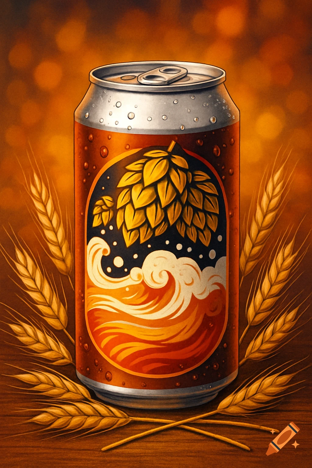 A cartoon illustration of a glass of beer with foam and two green hops ...