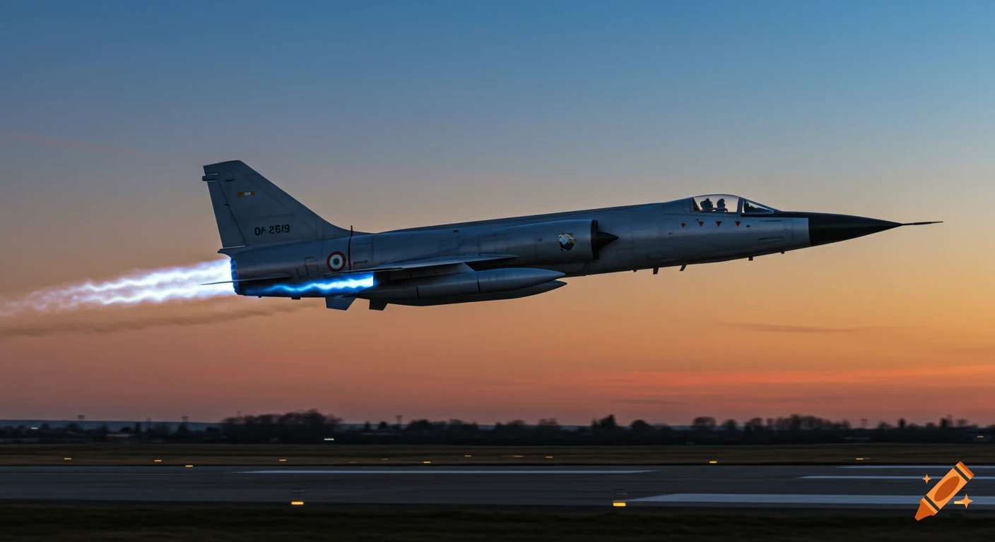 A silver military jet with blue afterburners takes off against a ...