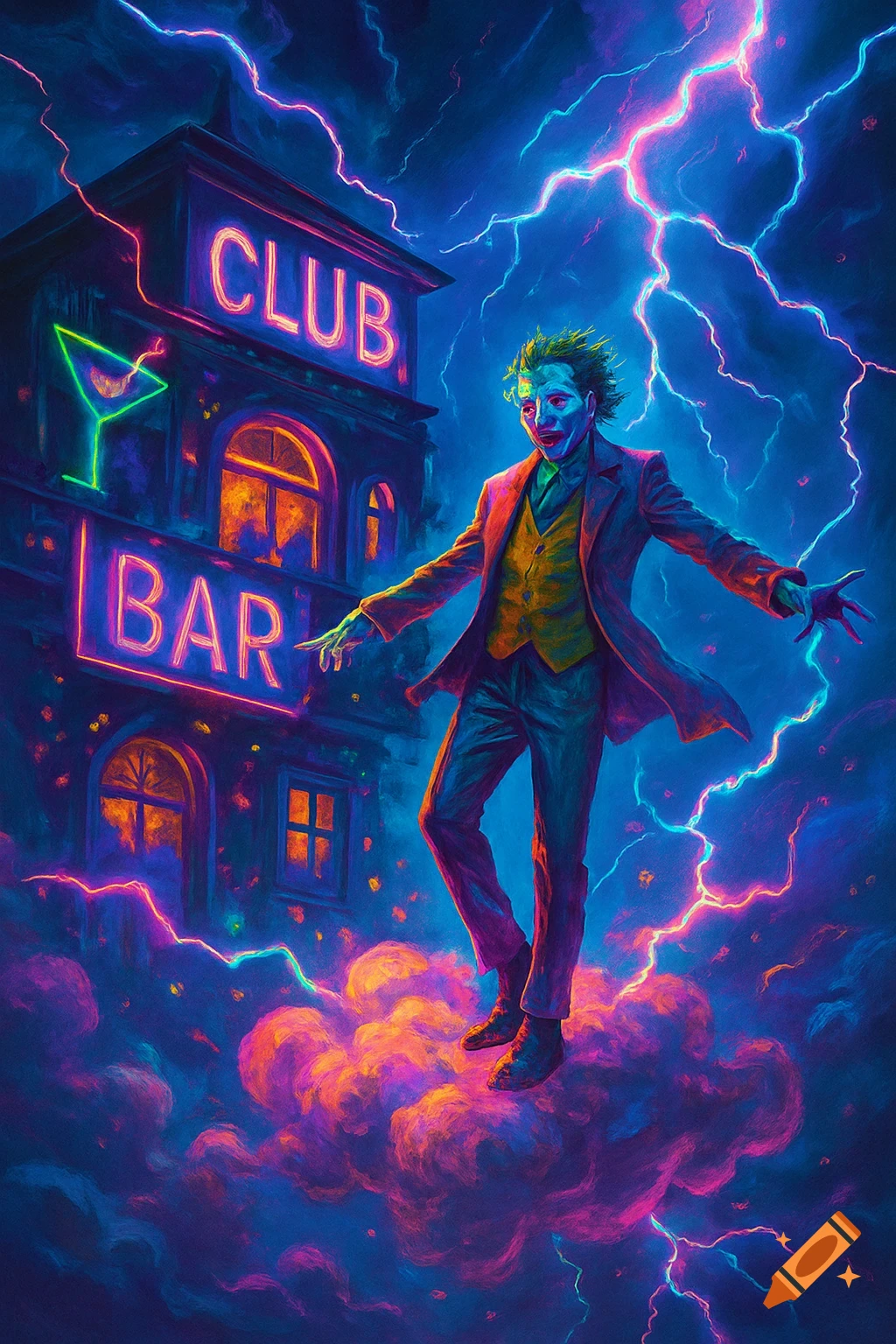 A stylized, vibrant image of a Joker-like figure standing on pink and ...