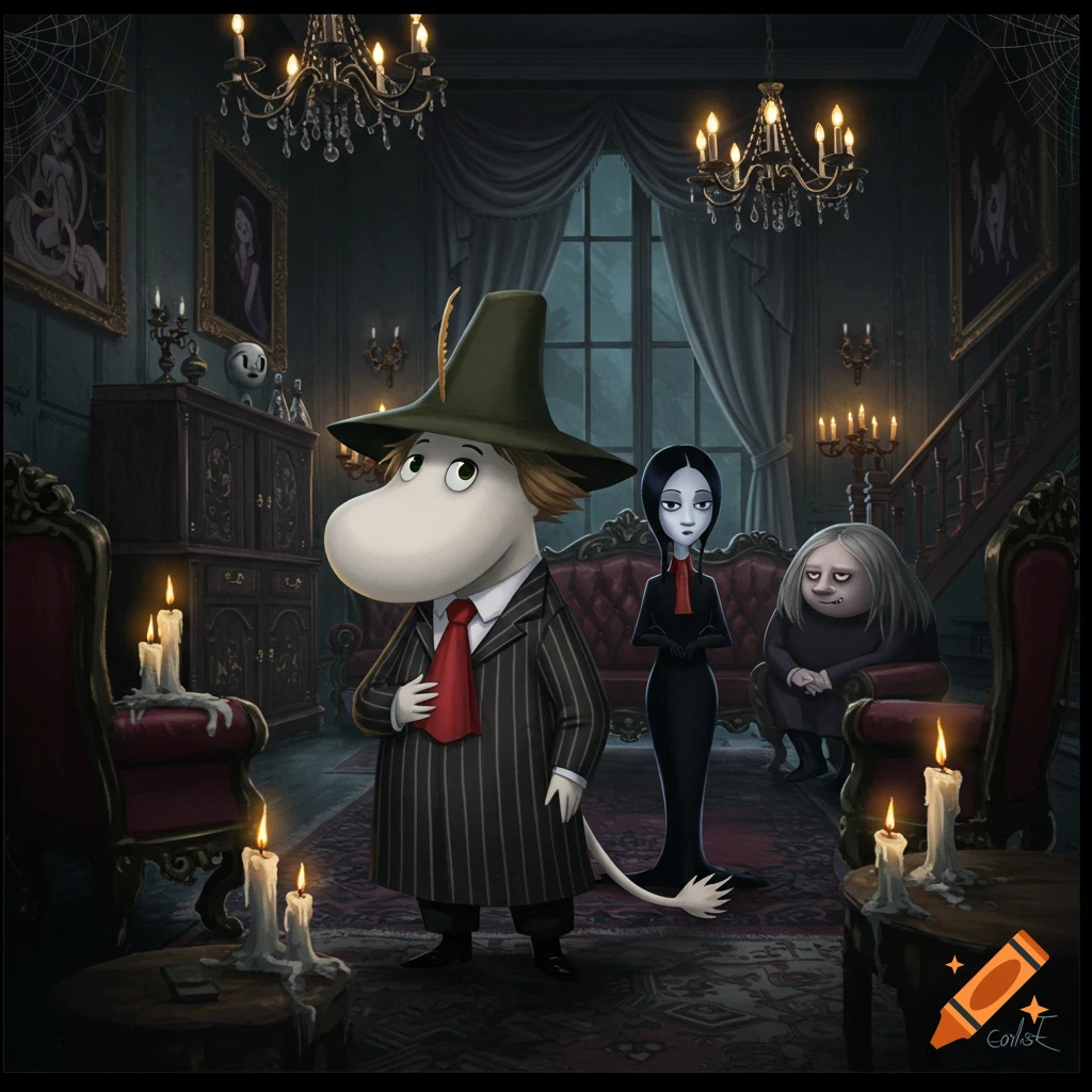 Moomin in a pinstripe suit and hat, Wednesday Addams, and Uncle Fester ...