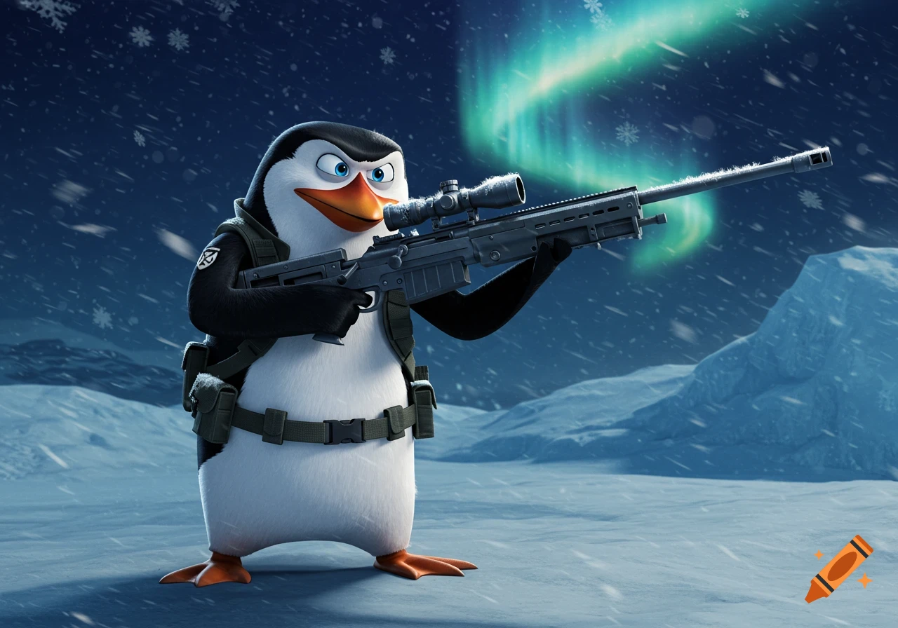 Animated Rico the penguin commando aims a sniper rifle in a snowy ...